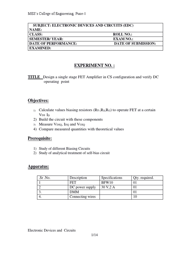 Experiment No.:: TITLE Design A Single Stage FET Amplifier in CS ...