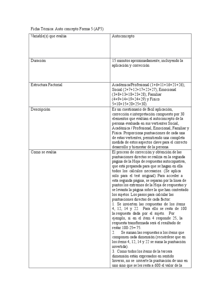 Ficha Técnica Autoconcepto Forma 5 (AF5) | PDF | Cognición | Sicología