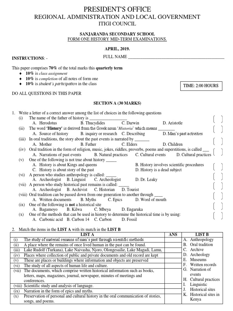 Form One History Mid-Term Examinations. | PDF | Traditions ...