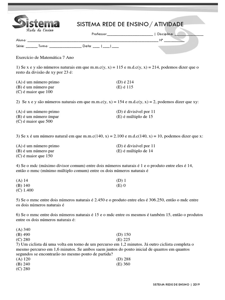 Ativ 7 Ano 19 Relc Entre MMC e MDC | PDF | Teoria dos Números | Números