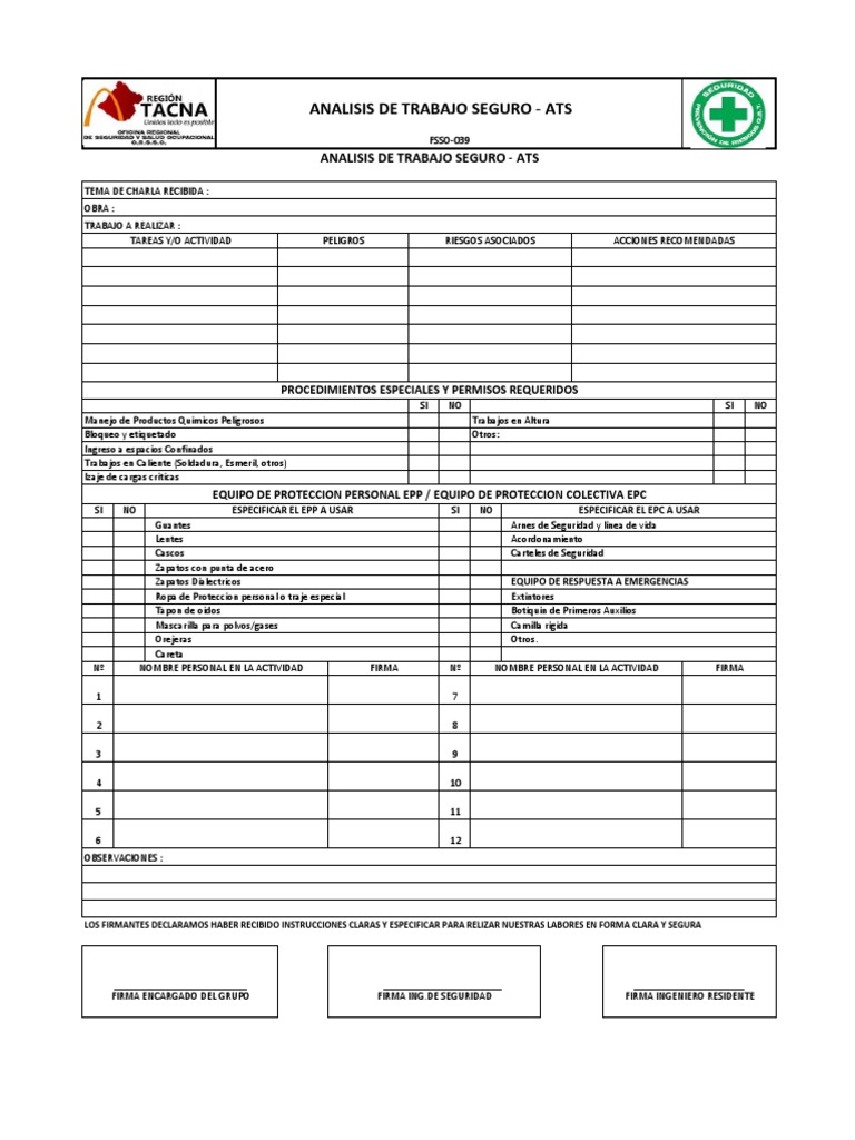 Fsso-039.Formato Ats Analisis Trabajo Seguro | PDF | Science | Ingeniería Fsso-039.Formato Ats Analisis Trabajo Seguro | PDF | Science | Ingeniería