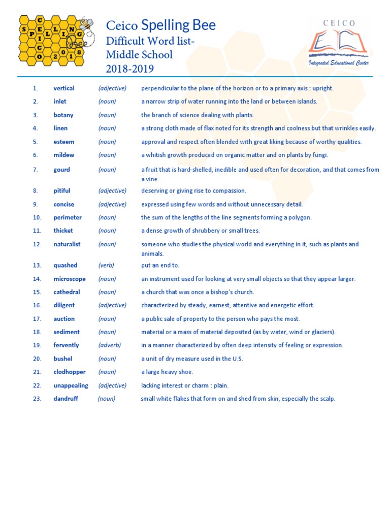 Ceico Spelling Bee: Difficult Word List-Middle School 2018-2019 | PDF ...