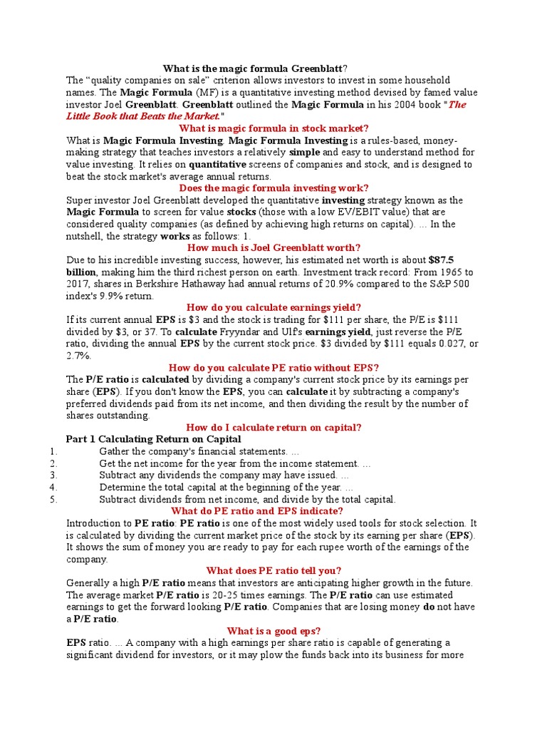 Understanding Greenblatt's Magic Formula | PDF | Price–Earnings Ratio ...