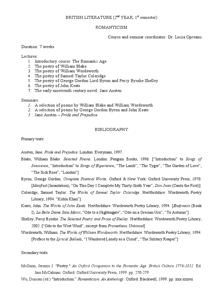 Romanticism Syllabus | PDF | John Keats | Romanticism