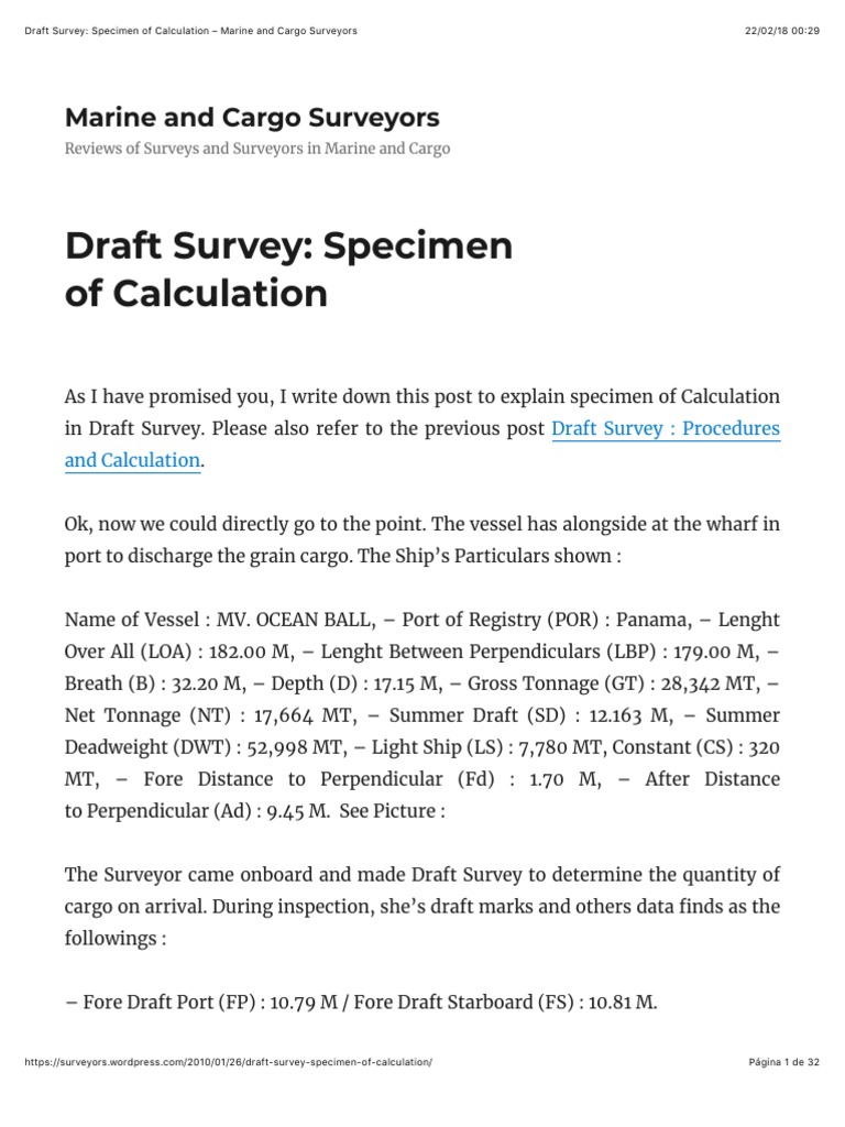 Draft Survey Calculation Guide | PDF | Tonnage | Water Transport