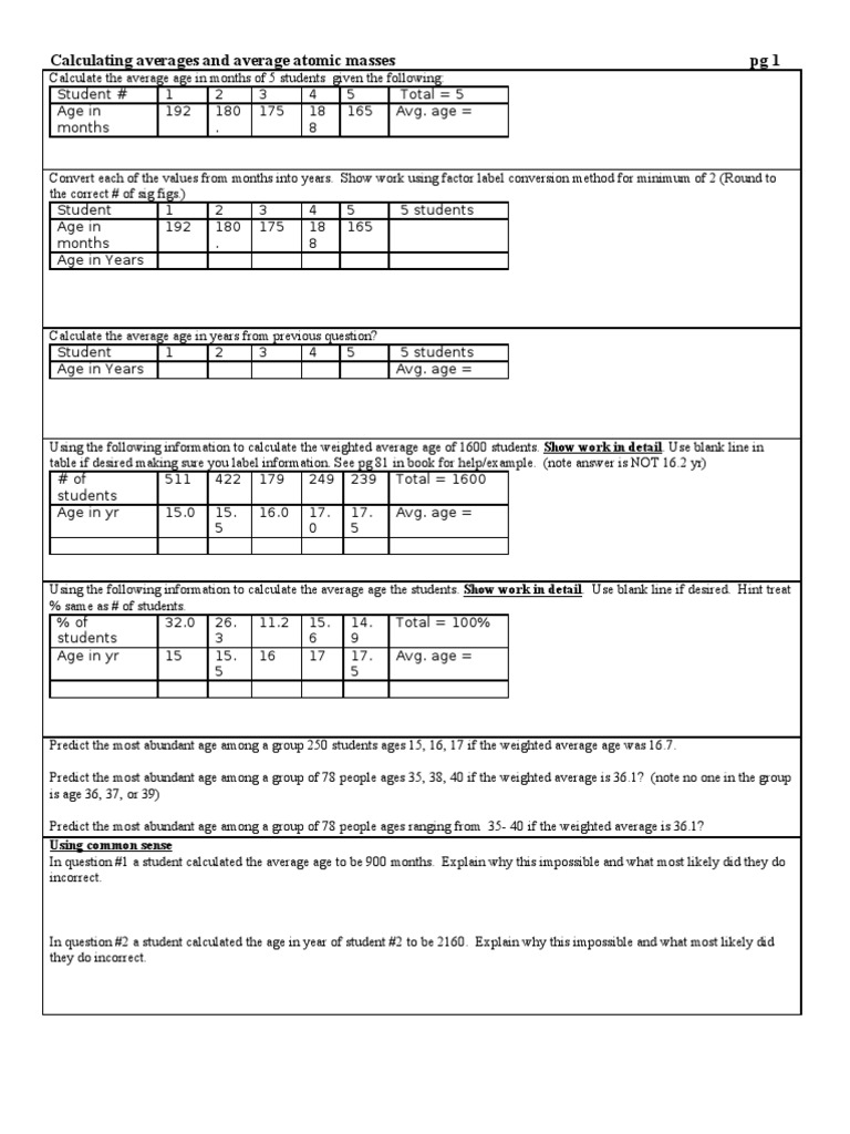 Calculating Averages and Average Atomic Masses | PDF | Isotope | Atoms