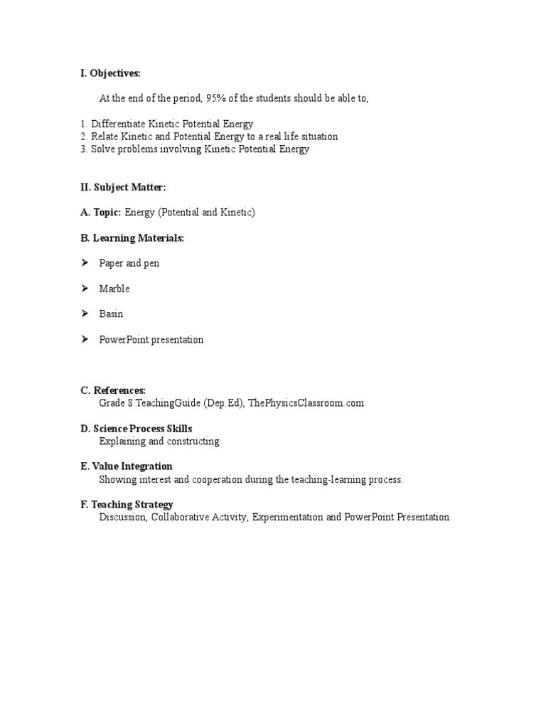 Potential and Kinetic Energy Lesson Plan | Download Free PDF | Kinetic ...