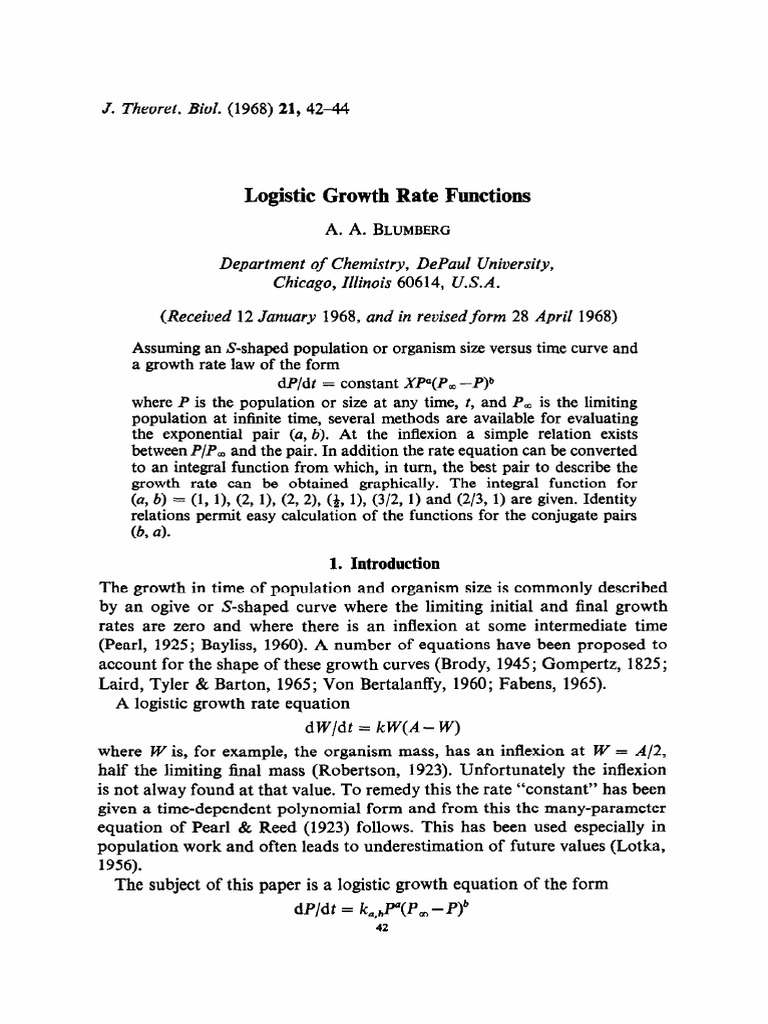 Logistic Growth Rate Functions Blumberg1968 | PDF | Logistic Function ...