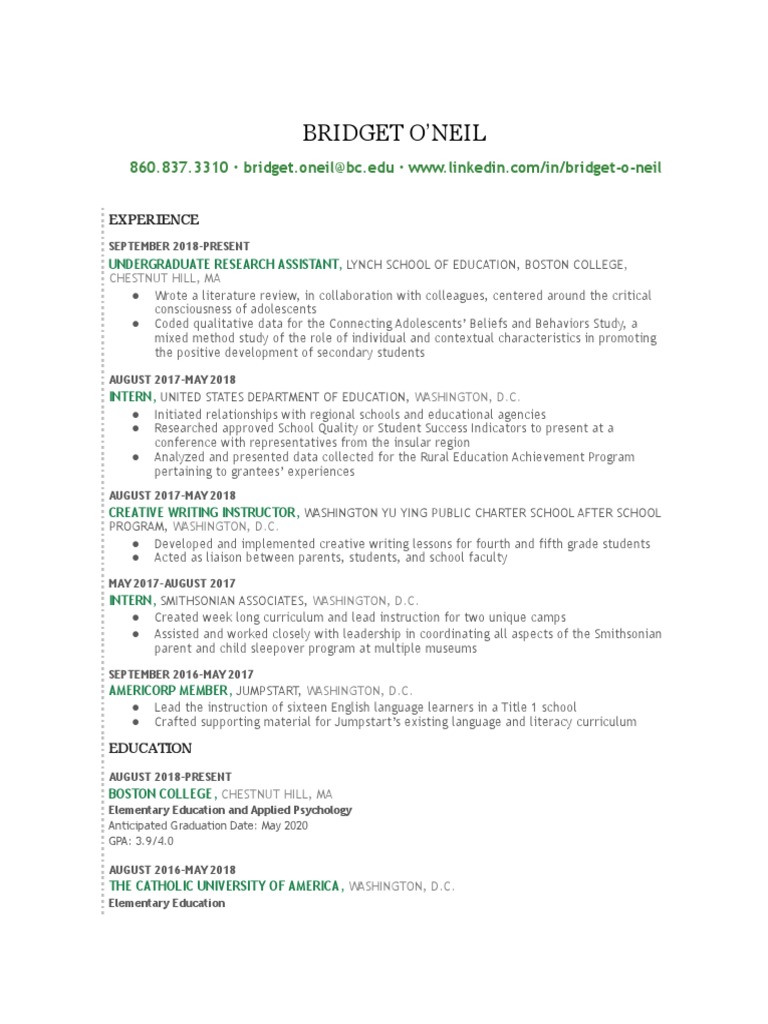 Bridget Oneils Resume Spring 2019 | PDF