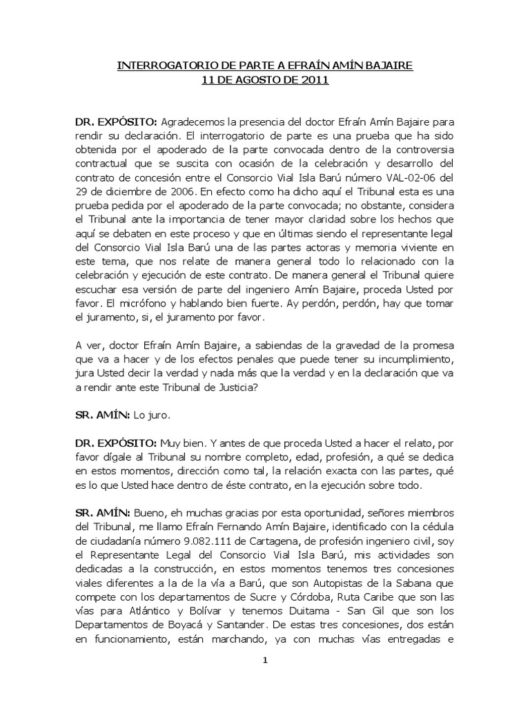 Interrogatorio de Parte Efraín Amín Bajaire | PDF | Perdón | Ley de ...