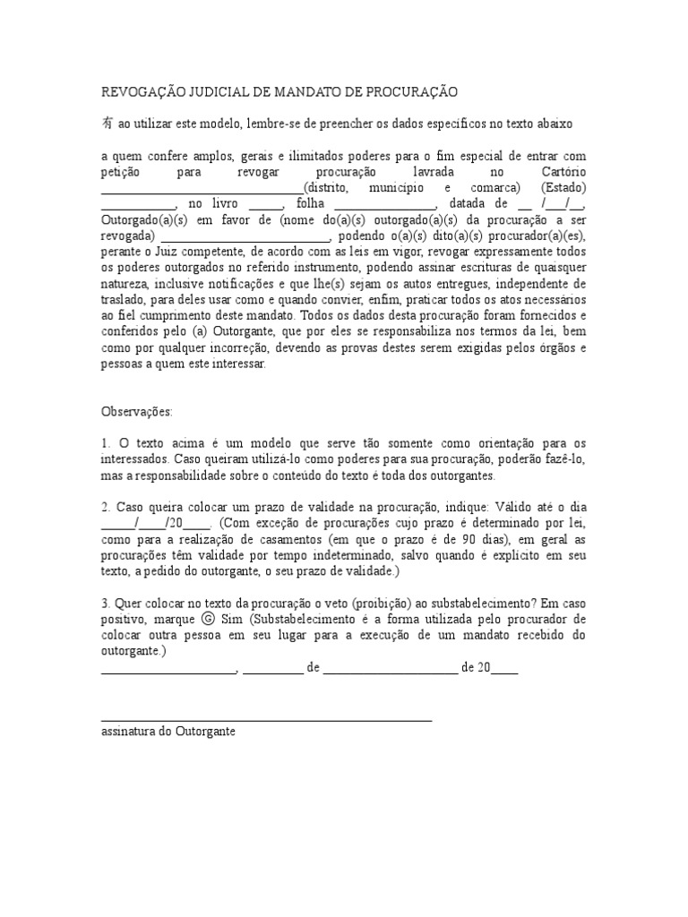 Revogação judicial de mandato de procuração outorgado anteriormente | PDF