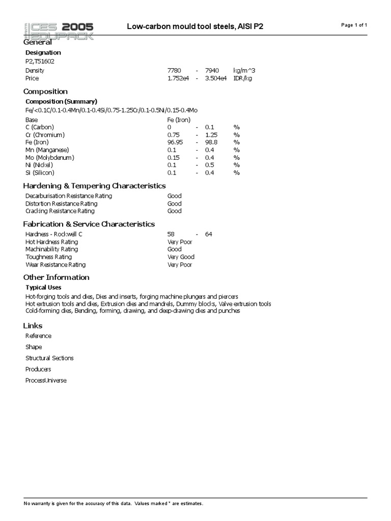 Low-Carbon AISI P2 Tool Steel Guide | PDF