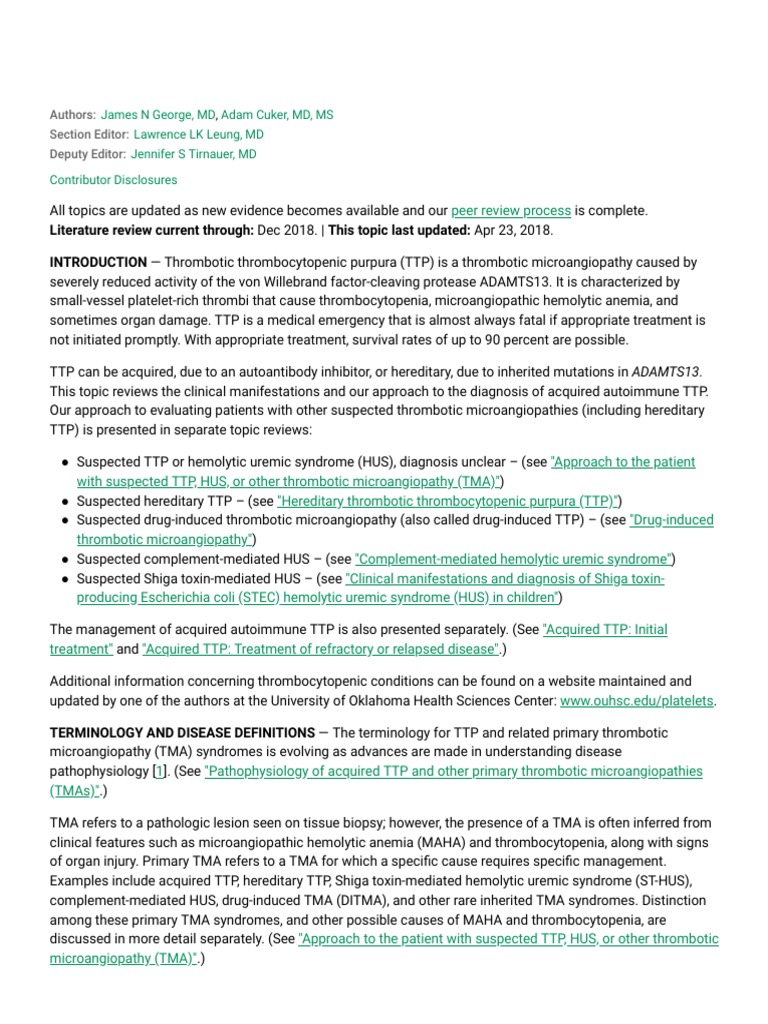 Acquired TTP - Clinical Manifestations and Diagnosis - UpToDate | PDF ...