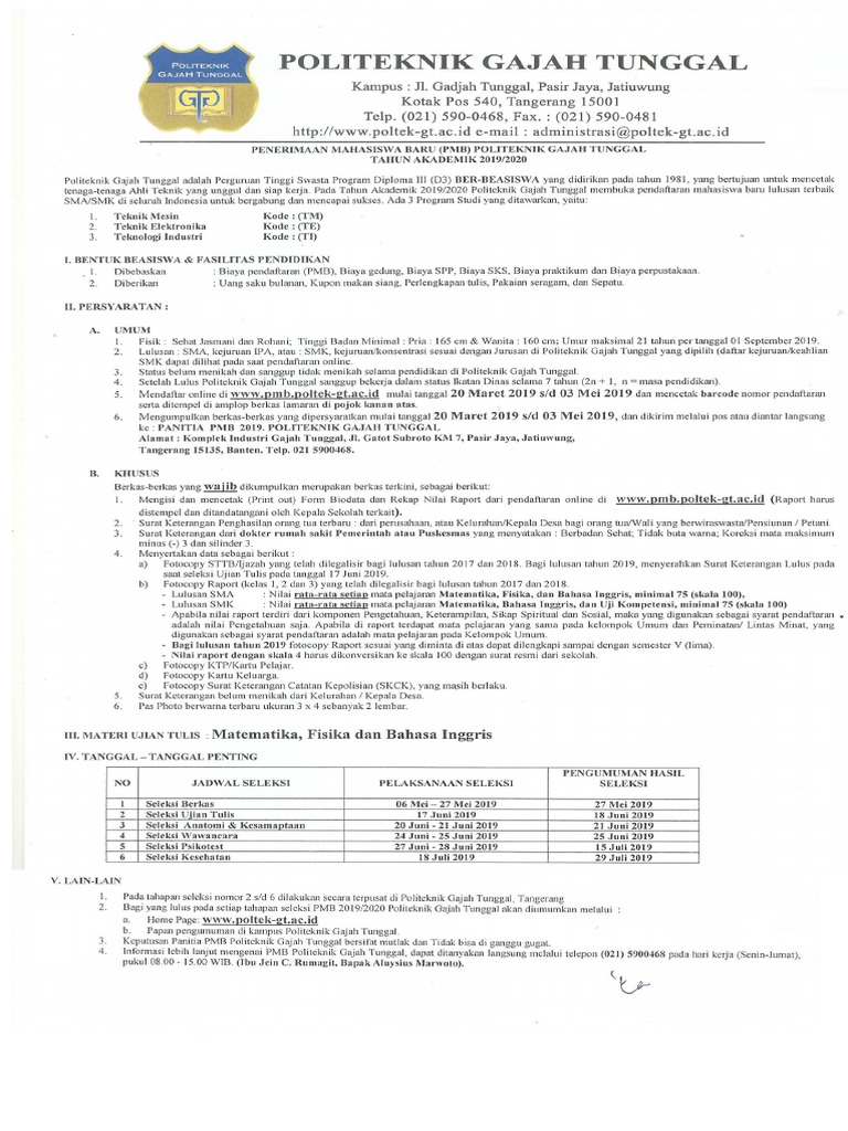 Brosur PMB Poltek GT 2019 PDF | PDF