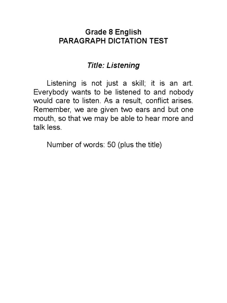 Grade 8 English Paragraph Dictation Test: Title: Listening | PDF