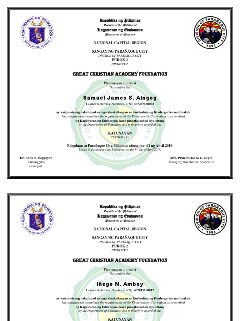 Katunayan ng Pagtatapos sa Kindergarten | PDF | Kindergarten ...