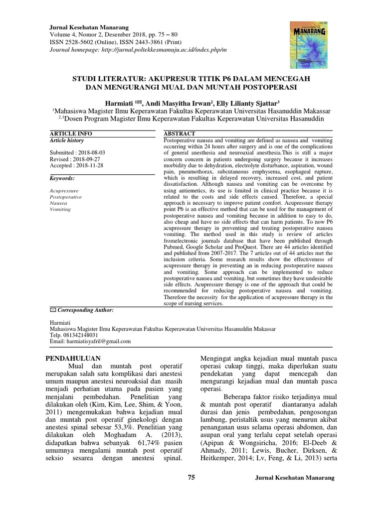 Studi Literatur: Akupresur Titik P6 Dalam Mencegah Dan Mengurangi Mual ...