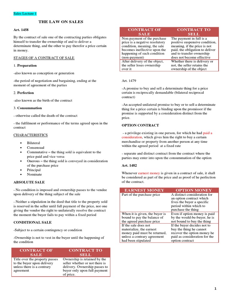 The Law On Sales: Contract of Sale Contract To Sell | PDF | Bill Of ...