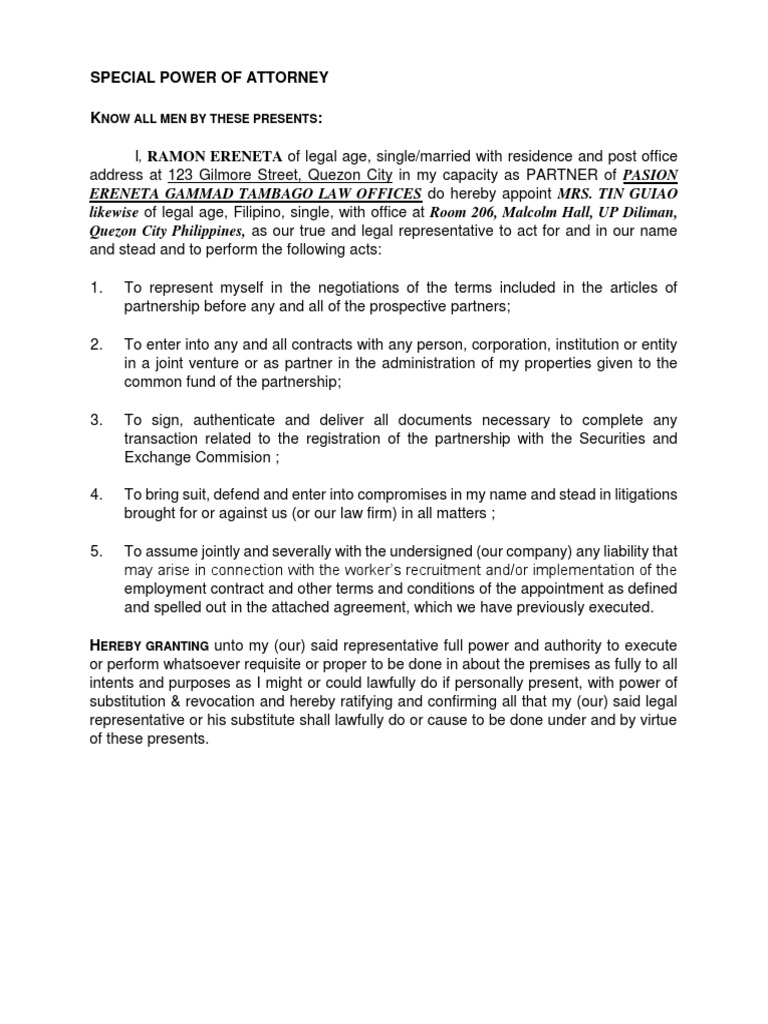 SPA Sample Philippines | Download Free PDF | Partnership | Power Of ...