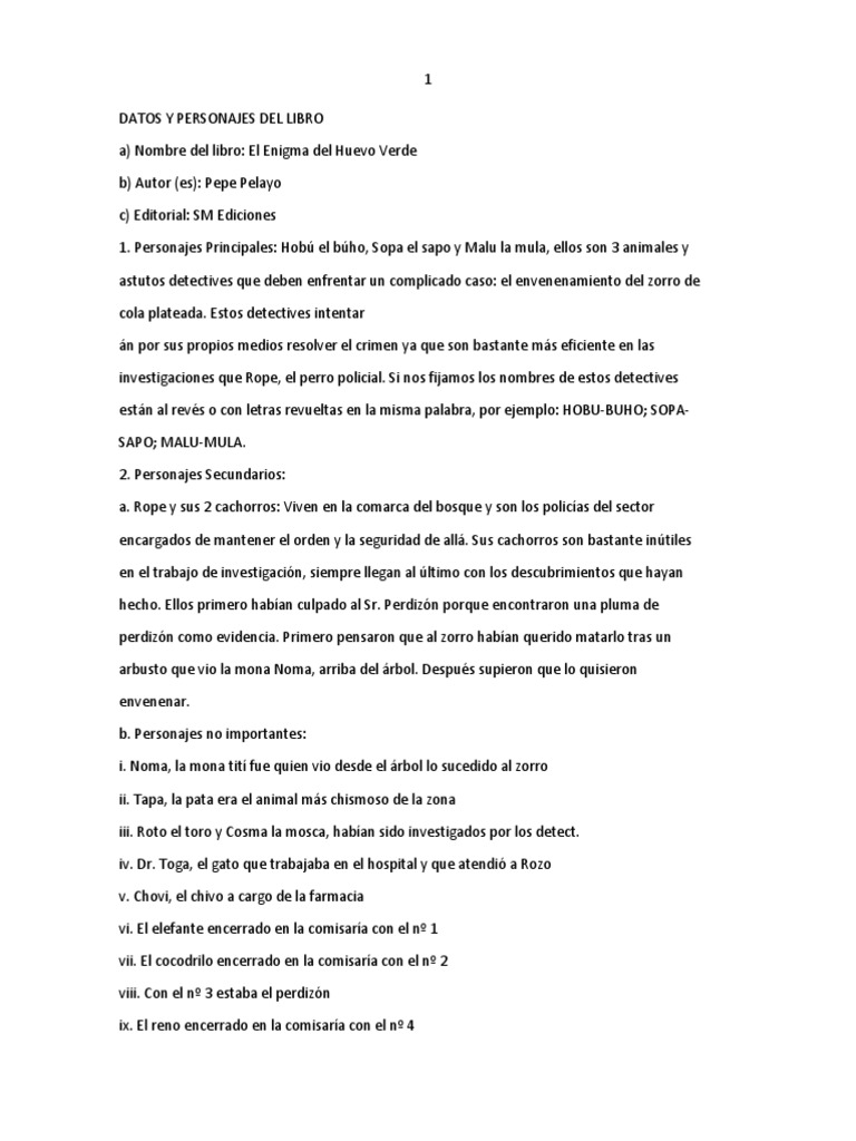 Datos y Personajes Del Libro Enigma Huevo Verde | PDF | Pollo | Huevo