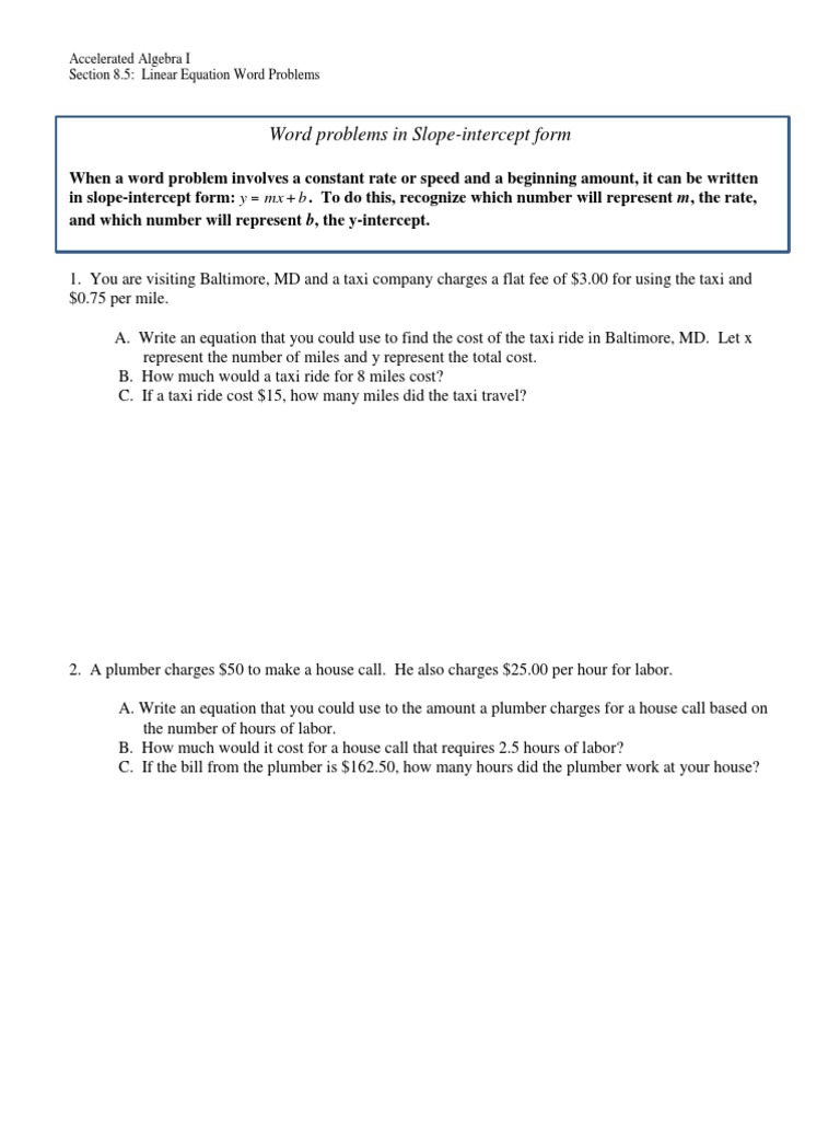 Word Problems in Slope-Intercept Form: y MX B | PDF | Fee | Teaching ...