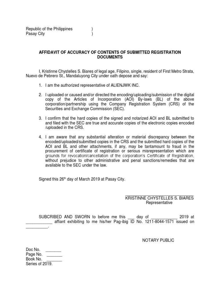Affidavit of Accuracy of Contents of Submitted Registration Documents | PDF