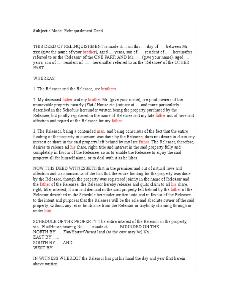 Model Relinquishment Deed | PDF | Deed | Property