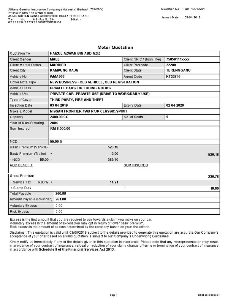 Motor Quotation: Allianz General Insurance Company (Malaysia) Berhad ...
