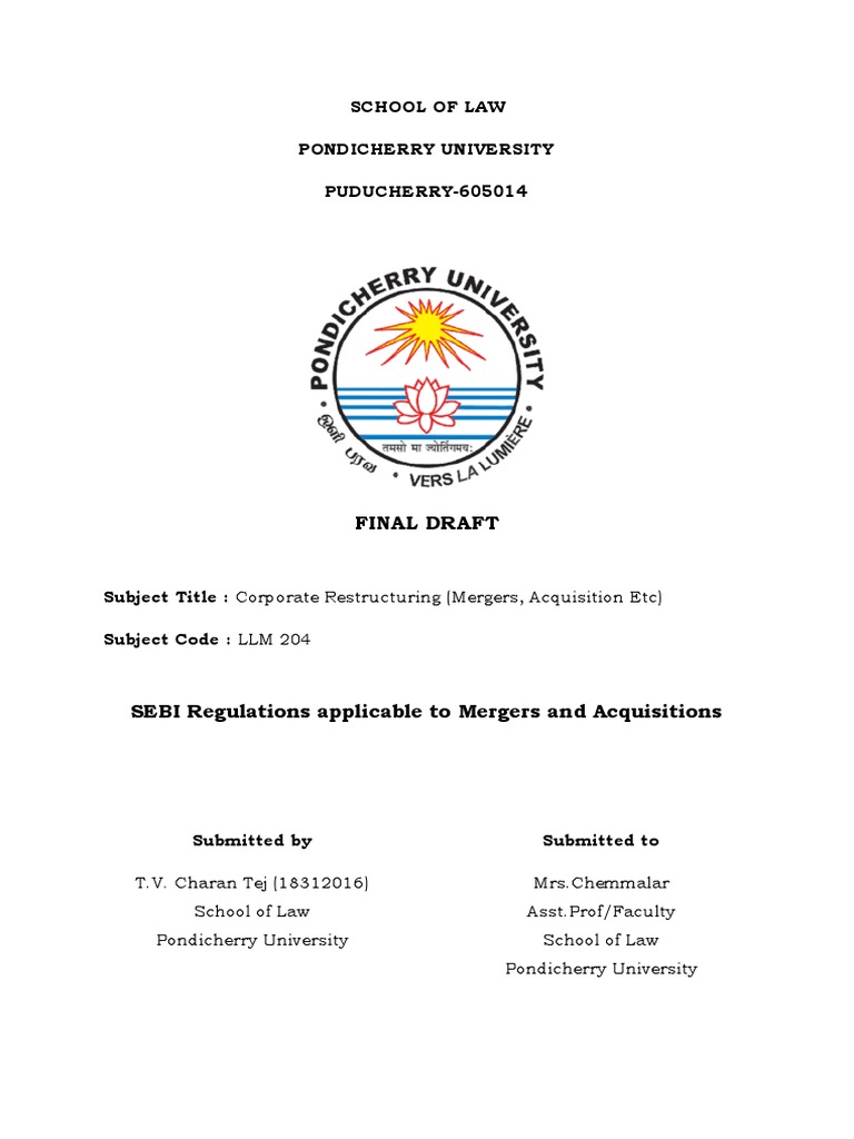 Analysis of SEBI Regulations Applicable to Mergers and Acquisitions: A ...
