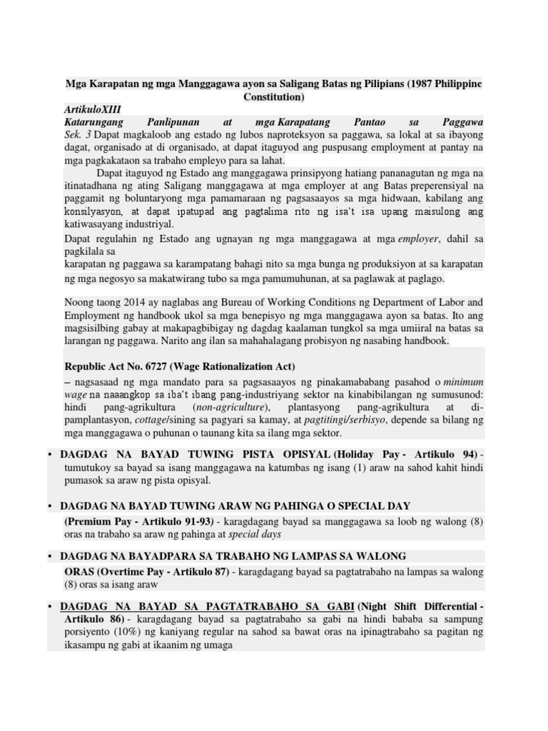 Mga Karapatan NG Mga Manggagawa Ayon Sa Saligang Batas NG Pilipians | PDF