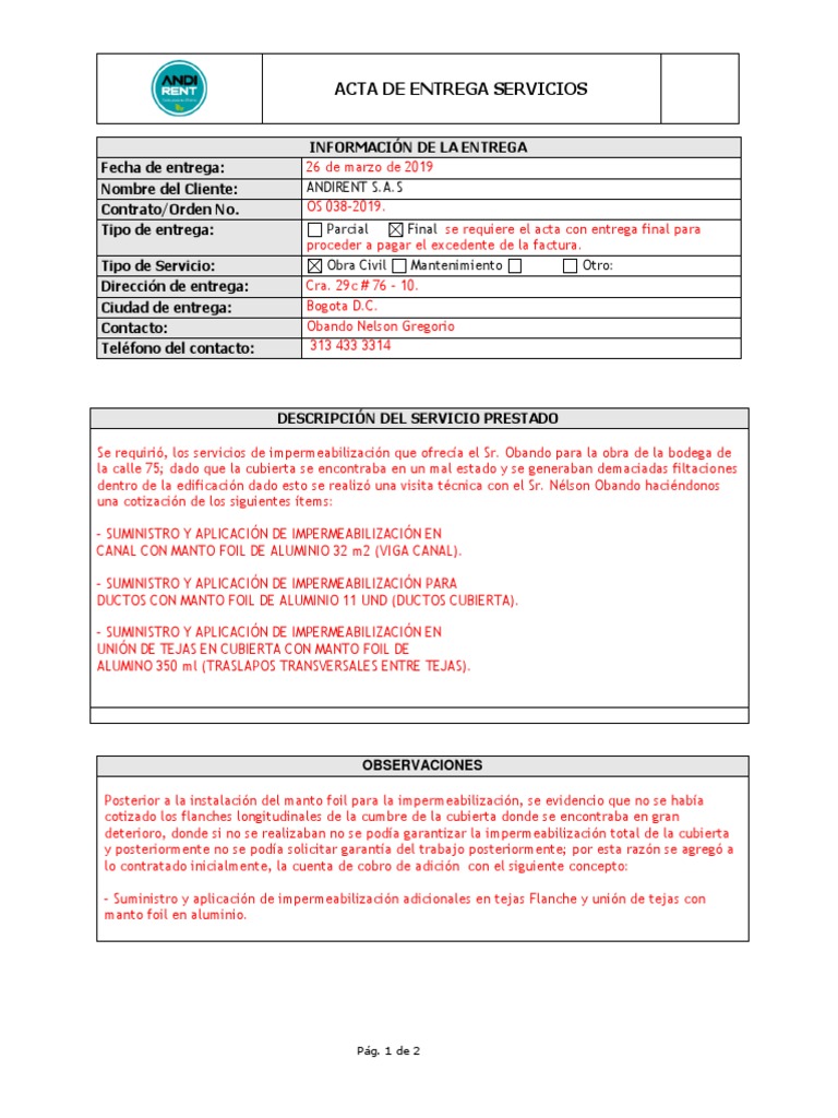 Acta de Entrega Servicios - Impernel | PDF Acta de Entrega Servicios - Impernel | PDF