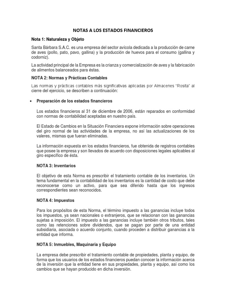 Notas A Los Estados Financieros | PDF | Contabilidad | Estado financiero