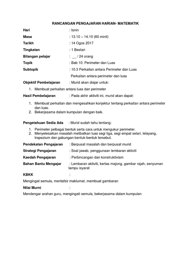 Contoh RPH Matematik | PDF