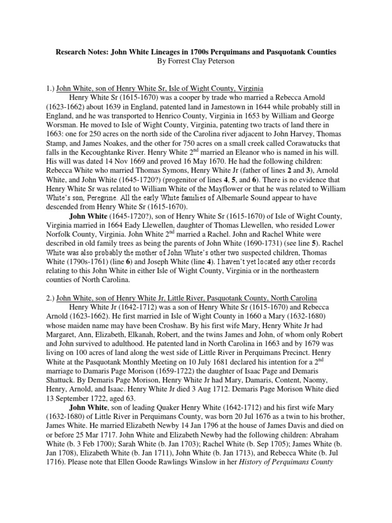 Research Notes of John Whites From Perquimans or Pasquotank 1700s | PDF ...