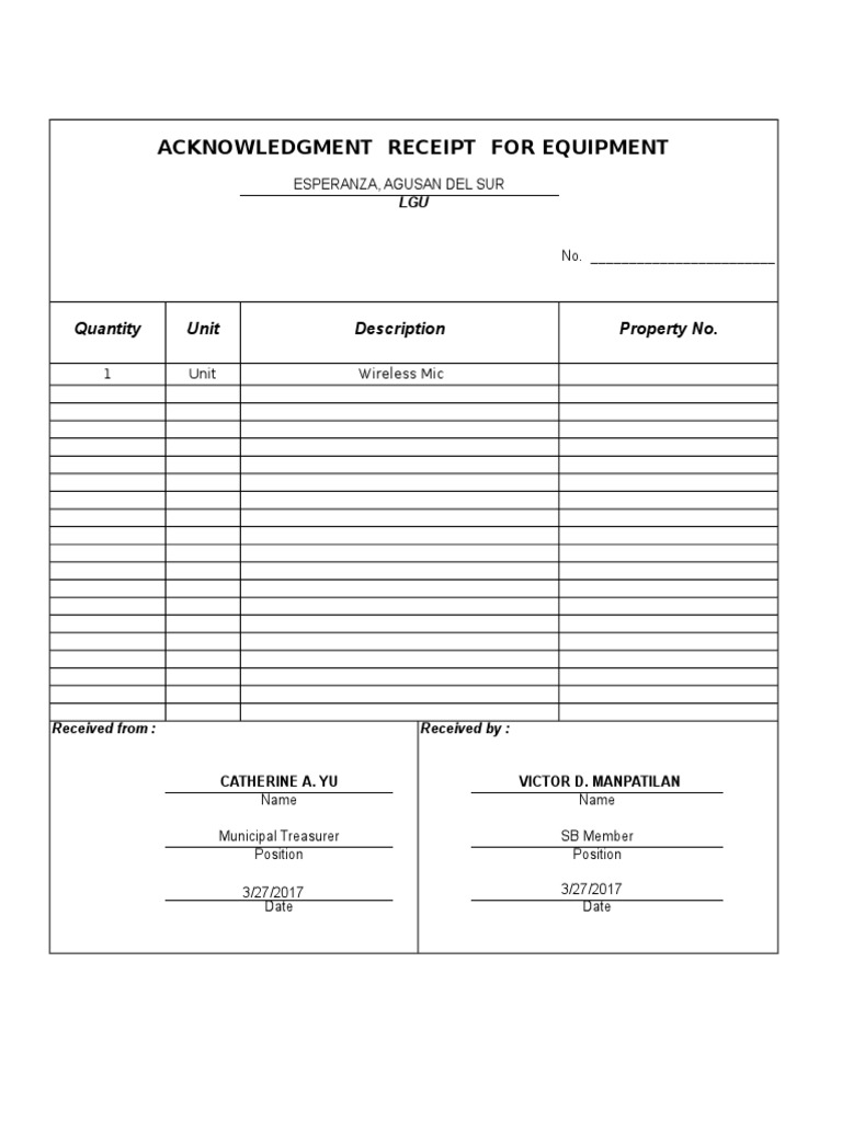 Acknowledgment Receipt For Equipment: Quantity Unit Description ...