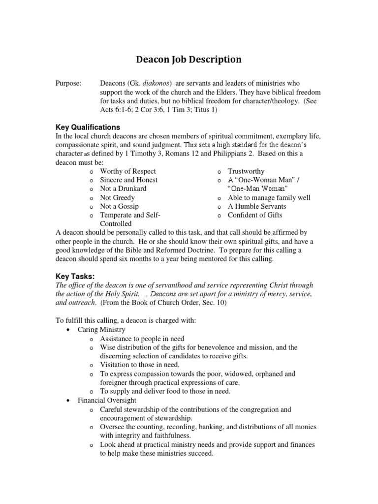 Deacon Job Description: Key Qualifications | PDF | Deacon | Elder ...