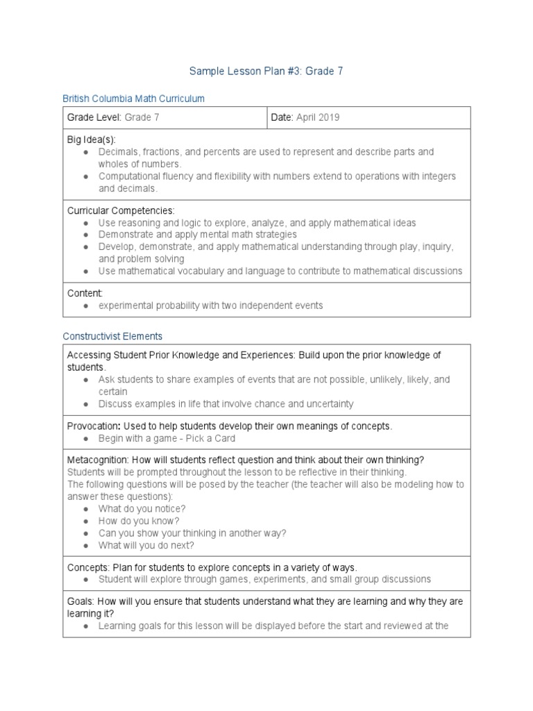 Sample Lesson Plan 3 Grade 7 Mathematics 1 | PDF | Probability ...