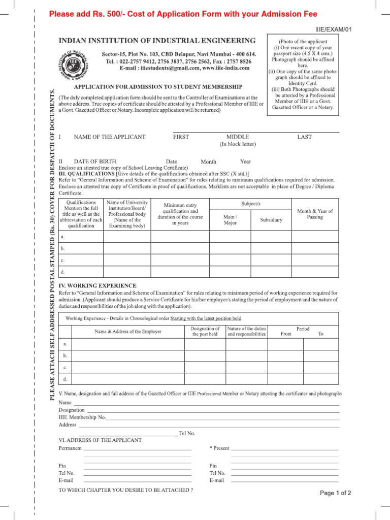 Please Add Rs. 500/-Cost of Application Form With Your Admission Fee | PDF