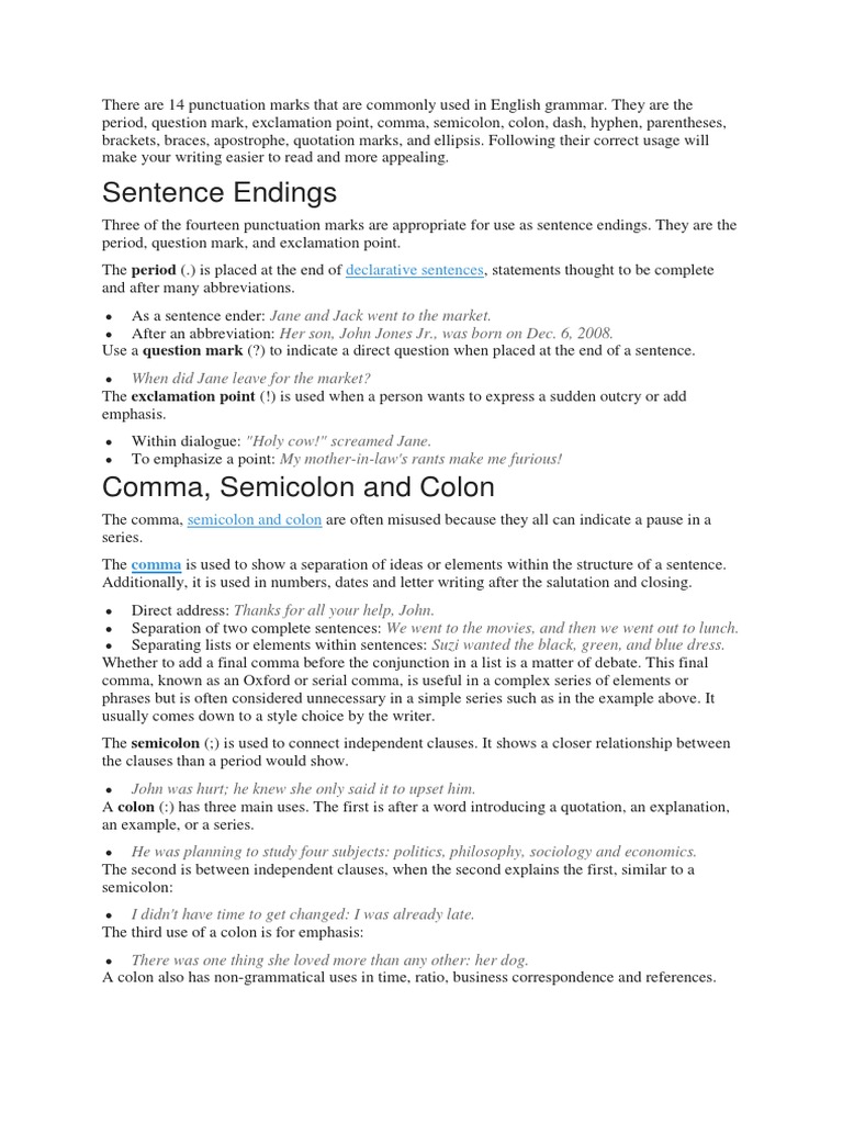 There Are 14 Punctuation Marks That Are Commonly Used in English Grammar | PDF | Bracket | Ellipsis
