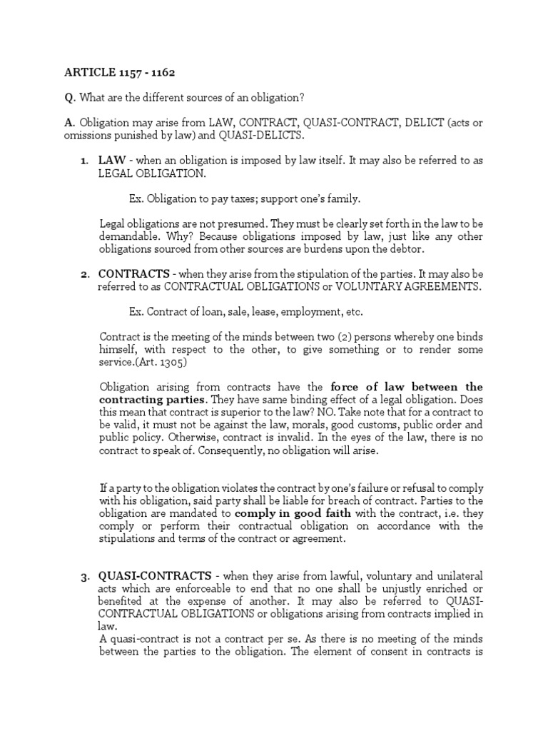 Notes On Article 1156 - 1175 | PDF | Law Of Obligations | Damages