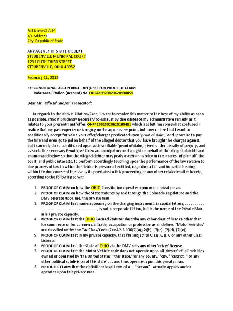 Proof of Claim TEMPLATE - TRAFFIC CITATION | Download Free PDF ...