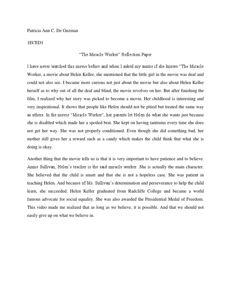 Reflection on "The Miracle Worker" | PDF | Helen Keller