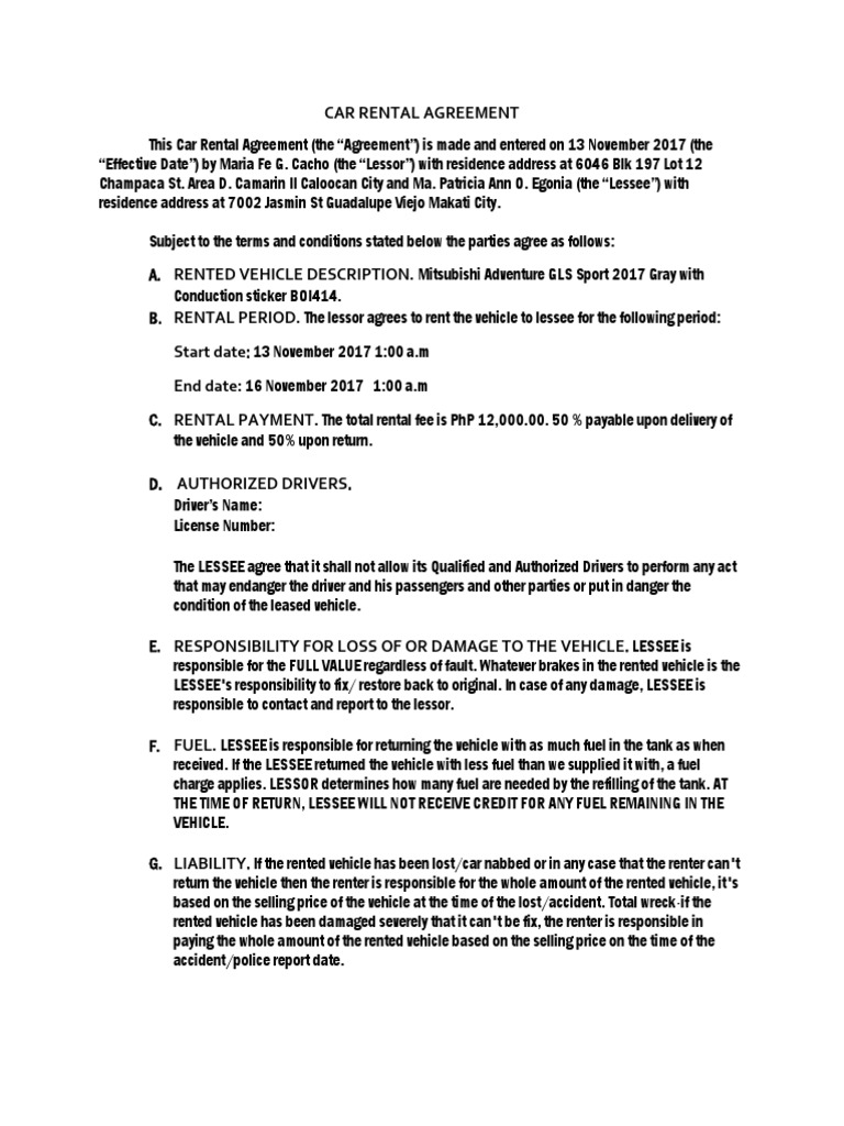 Terms and Conditions of a Three-Day Car Rental Agreement Between Maria ...
