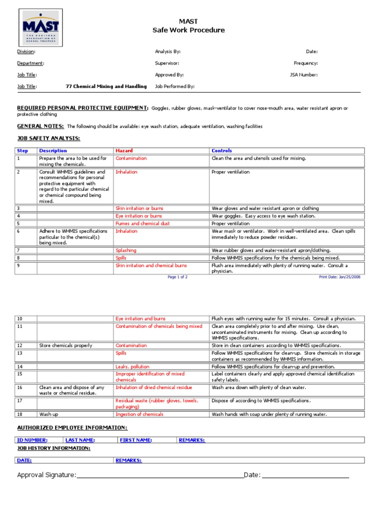 77 Chemical Mixing and Handling - JOB PROCEDURE | PDF | Personal ...