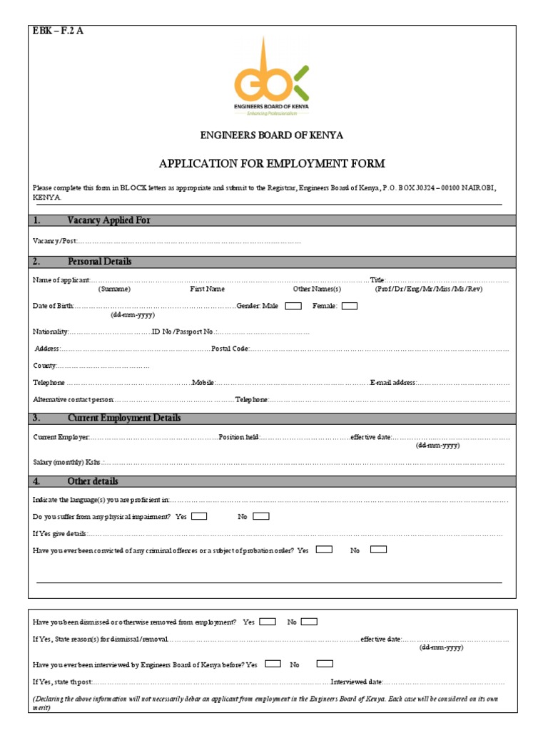 Application For Employment Form: Ebk - F.2 A | Download Free PDF ...