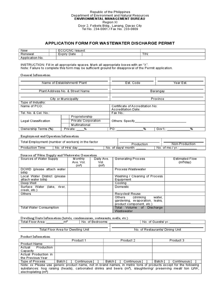 Application Form For Wastewater Discharge Permit: General Information ...
