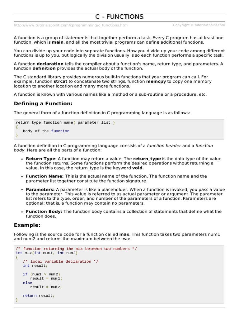 C Functions Pdf Parameter Computer Programming Subroutine