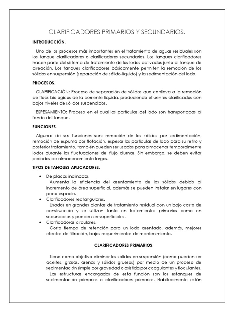 Tipos de Clarificadores en PTAR | PDF | Aguas residuales | Naturaleza