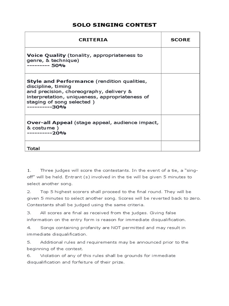 Solo Singing Contest: Voice Quality (Tonality, Appropriateness To - 50% ...