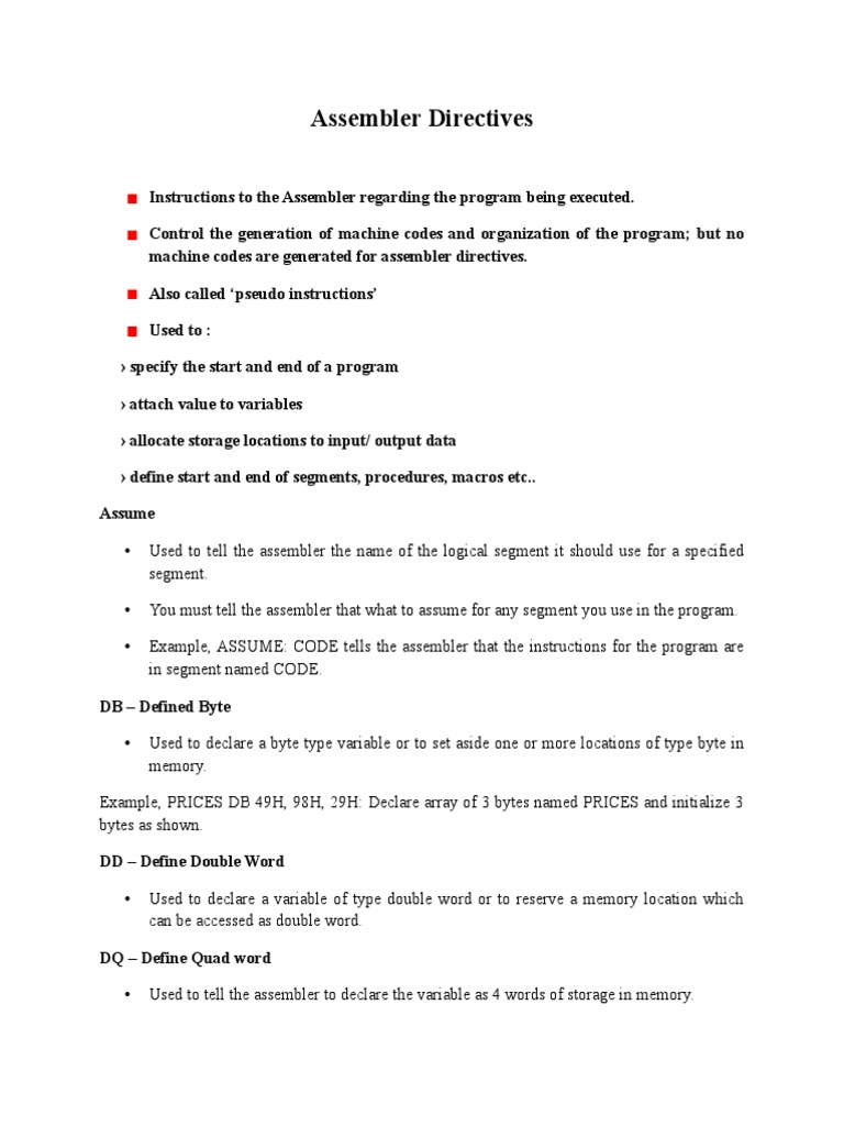 Assembler Directives Pdf Assembly Language Subroutine